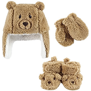 Hudson Baby Unisex Baby Trapper Hat, Mitten and Bootie Set, Tan Bear, 6-12 Months