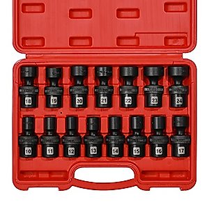 EMENTOL 15PCS 1/2" Drive Shallow Universal Impact Socket Set, 6 Point, Metric, CR-MO, Swivel Standard Impact Socket Set, 10mm - 24mm
