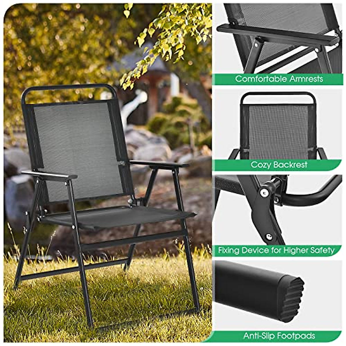 Tangkula Outdoor Folding Chairs Set of 6, Patio Dining Chairs with Breathable Seat & Cozy Armrests, Heavy-Duty Metal Frame, Portable Lawn Chairs for Backyard, Porch, Camping (6, Black)
