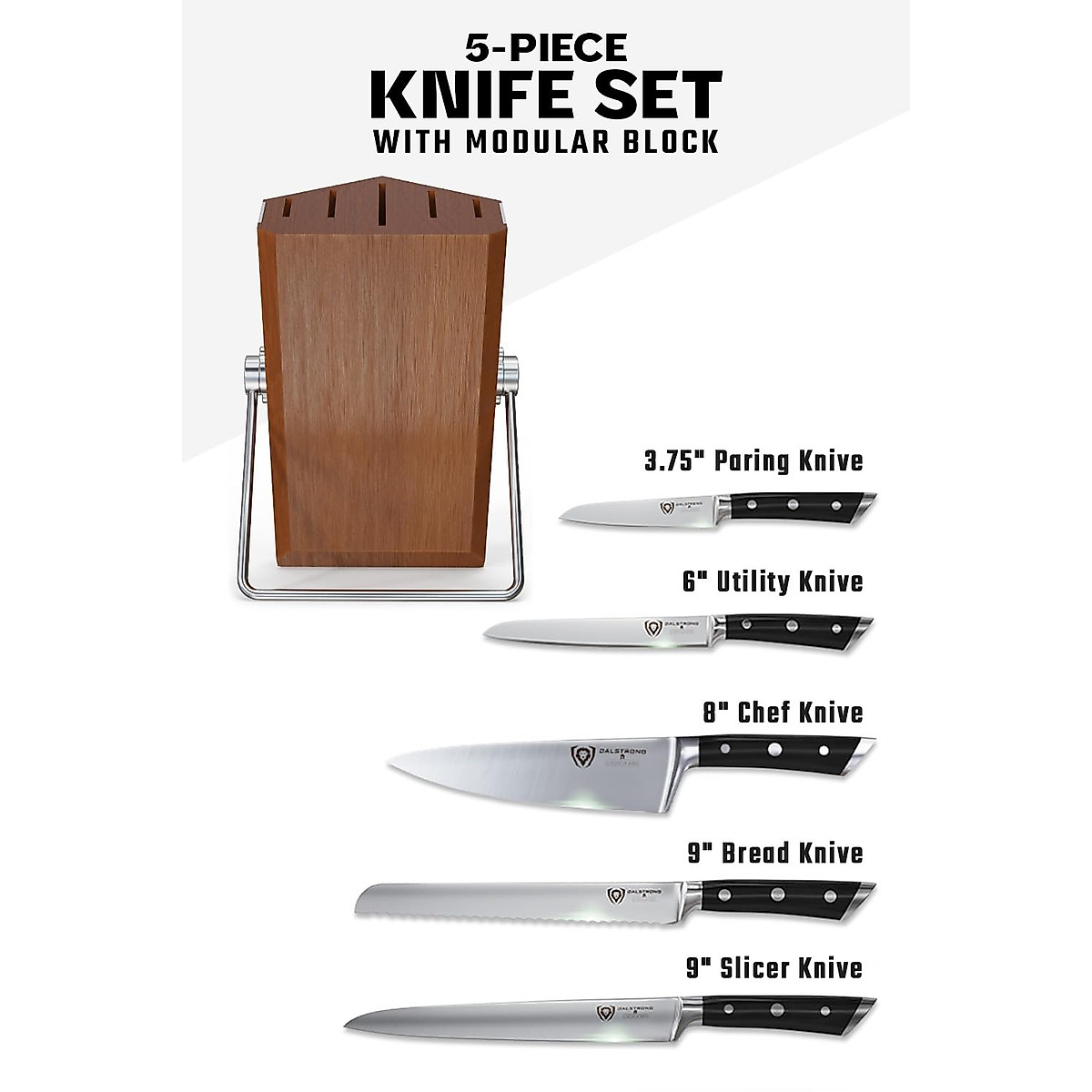 Dalstrong Knife Block Set - 5 Piece - Gladiator Series - with Modular, Multi-Level Block - German High Carbon Steel - Premium ABS Black Handles - NSF Certified