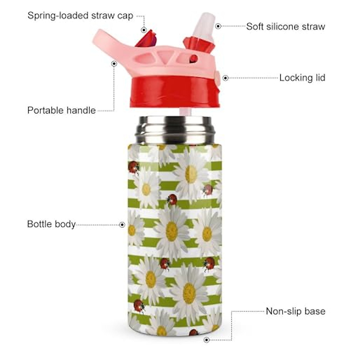 Kids Water Bottle with Straw Lid White Daisies And Ladybugs Print 12 Oz/350 Ml Stainless Steel Reusable Thermos Bottles