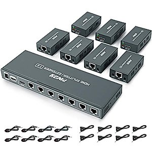 1080p 1x7 7 Port HDMI Extender Splitter Over CAT6/CAT6a/CAT7 Ethernet Cable with an HDMI Loop Out & Bi-Directional IR Remote Control &EDID Management(1 in 7 Out) –Up to 50m (165ft) at 1080p 60Hz