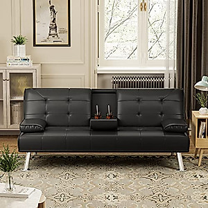 YESHOMY Convertible Folding Futon Sofa Bed Sleeper Couch for Living Room Faux Leather Upholstered Loveseat w/Removable Armrests, Metal Legs, 2 Cup Holders, Dark Black