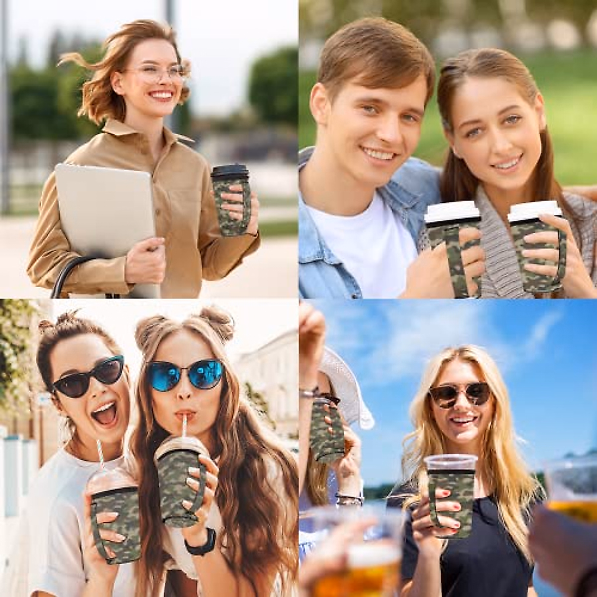 Green Camouflage Camo Ice Iced Coffee Sleeve with Handle Reusable Cup Cover Neoprene Coffee Sleeves Insulator Cup Sleeve Holder for Summer Cold Drinks Coffee Beverages Size L for 30-32 oz