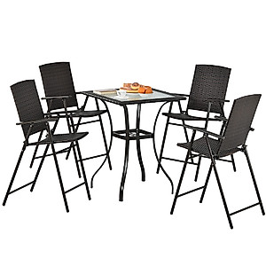 LZ LEISURE ZONE Paito Dining Table Set, 5-Piece Patio Furniture Sets, Outdoor PE Wicker Counter Height Dining Table Set with Umbrella Hole & 4 Foldable Chairs, Brown