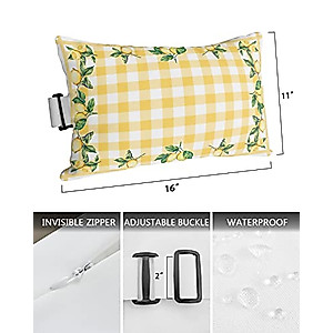 Recliner Head Pillow Ledge Loungers Chair Pillows with Insert Summer Lemon Leaves Yellow Plaid Lumbar Pillow with Adjustable Strap Outdoor Waterproof Patio Pillows for Beach Pool Chair, 2 PCS