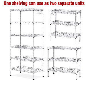 ALPHINO 6-Shelf Shelving Storage Unit ,Heavy Duty Metal Organizer Wire Rack with Leveling Feet , Stainless Side Hooks for Bathroom Kitchen Garage 750Lbs Capacity (Silver)