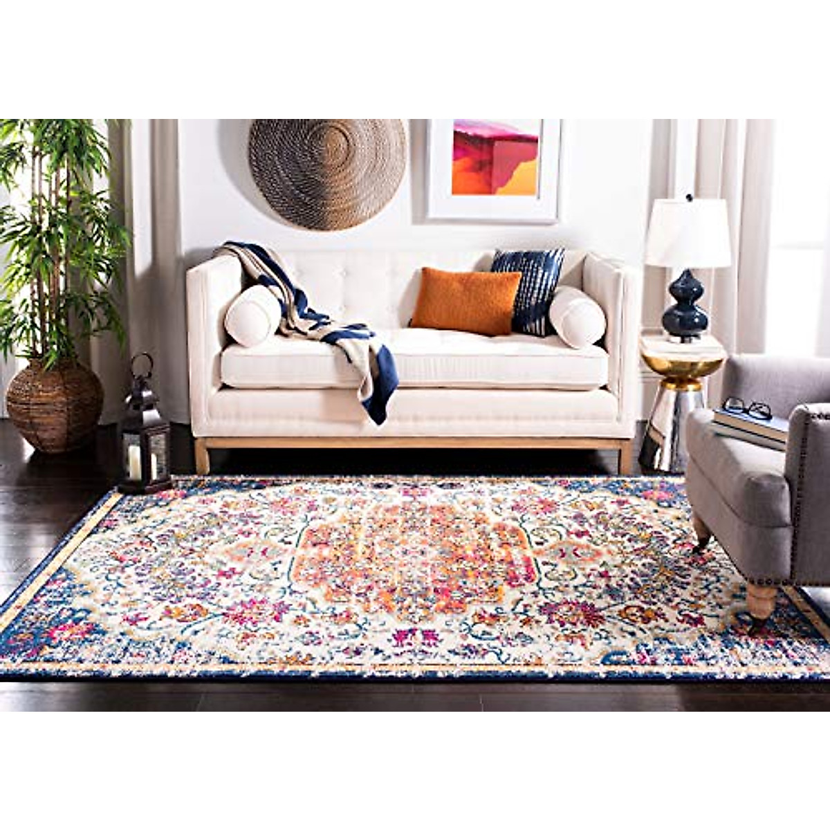 SAFAVIEH Madison Collection 6' x 9' Ivory / Orange MAD447A Boho Chic Medallion Distressed Non-Shedding Living Room Bedroom Dining Home Office Area Rug