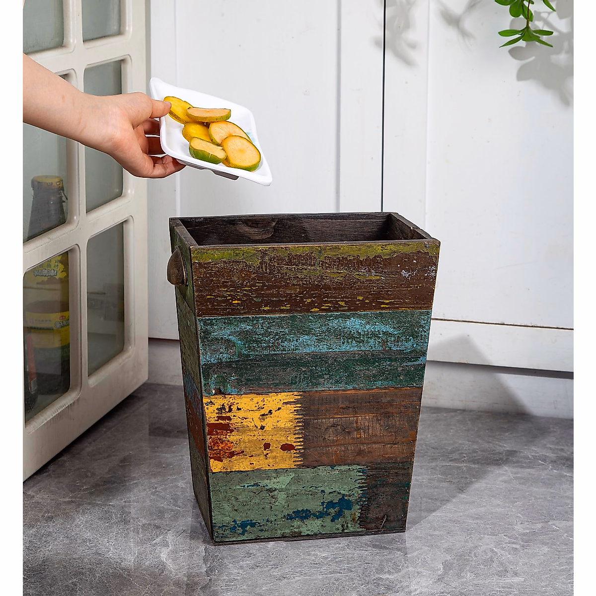 TIMRIS Small Wood Trash Can Wastebasket, Farmhouse Rectangular Garbage Can Waste Basket, Rustic Distressed Boho Wooden Trash Recycling Bin with Metal Handles, Reclaimed Wood Storage Basket (Random)