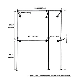 Anynice Industrial Pipe Clothing Rack,Industrial Clothing Rack, Clothing Rods for Hanging Clothes,Clothes Rack,Wall Mounted Garment Rack, Heavy Duty Coat Rack (62.5" W x 14.4" D x82 H, AF01)
