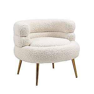 ZOBIDO Modern Accent Lambhair Chairs Comfy Upholstered Vanity Chairs for Bedroom Armchair Dining Chairs with Golden Metal Legs Desk Chair Single Person sofafor Living Room(White)