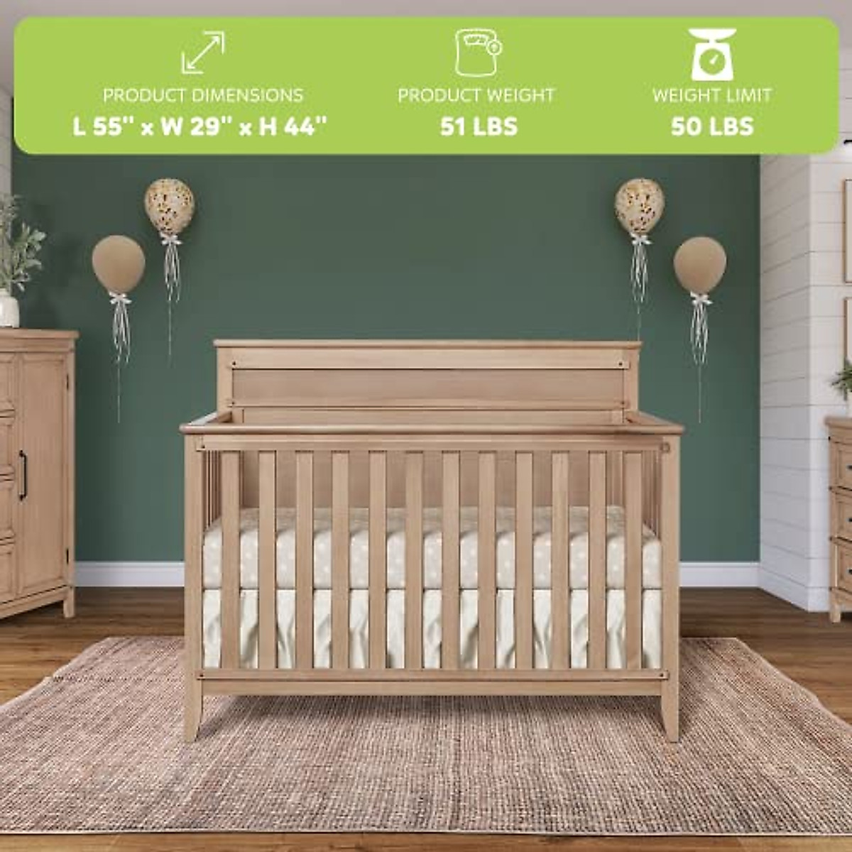 SweetPea Baby Bayfield 5-in-1 Convertible Crib in Sand Dunes, JPMA, and Greenguard Gold Certified, Made of Sustainable New Zealand Pinewood, Sturdy and Durable Crib