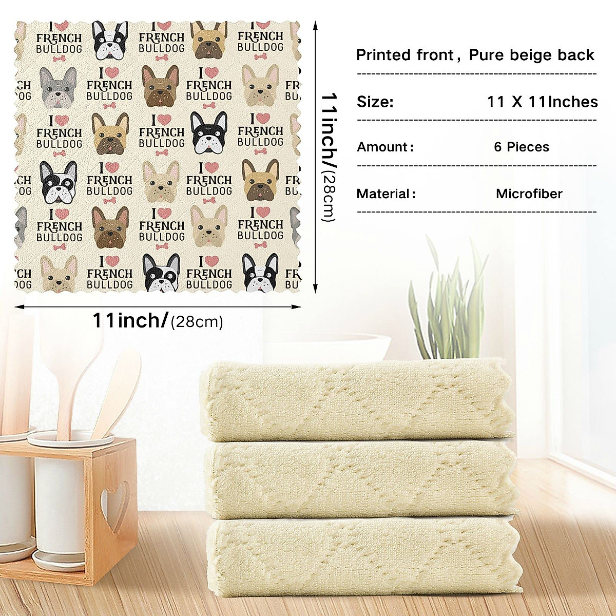 JIPONI 6 Pack Kitchen Dishcloth, Cute French Bulldog Absorbent Dish Towels Reusable Soft Cleaning Cloths 11 x 11 inch