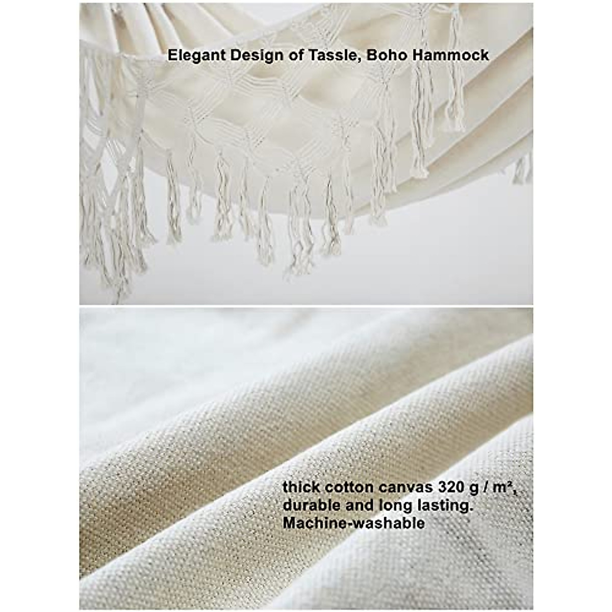 Outdoor Hammock 2 Person Large Brazilian Hammocks Canvas Cotton Indoor Hammock for Bedroom Patio Porch Garden Backyard Lounging Outdoor w/Handwoven Macramé Fringe Tassels