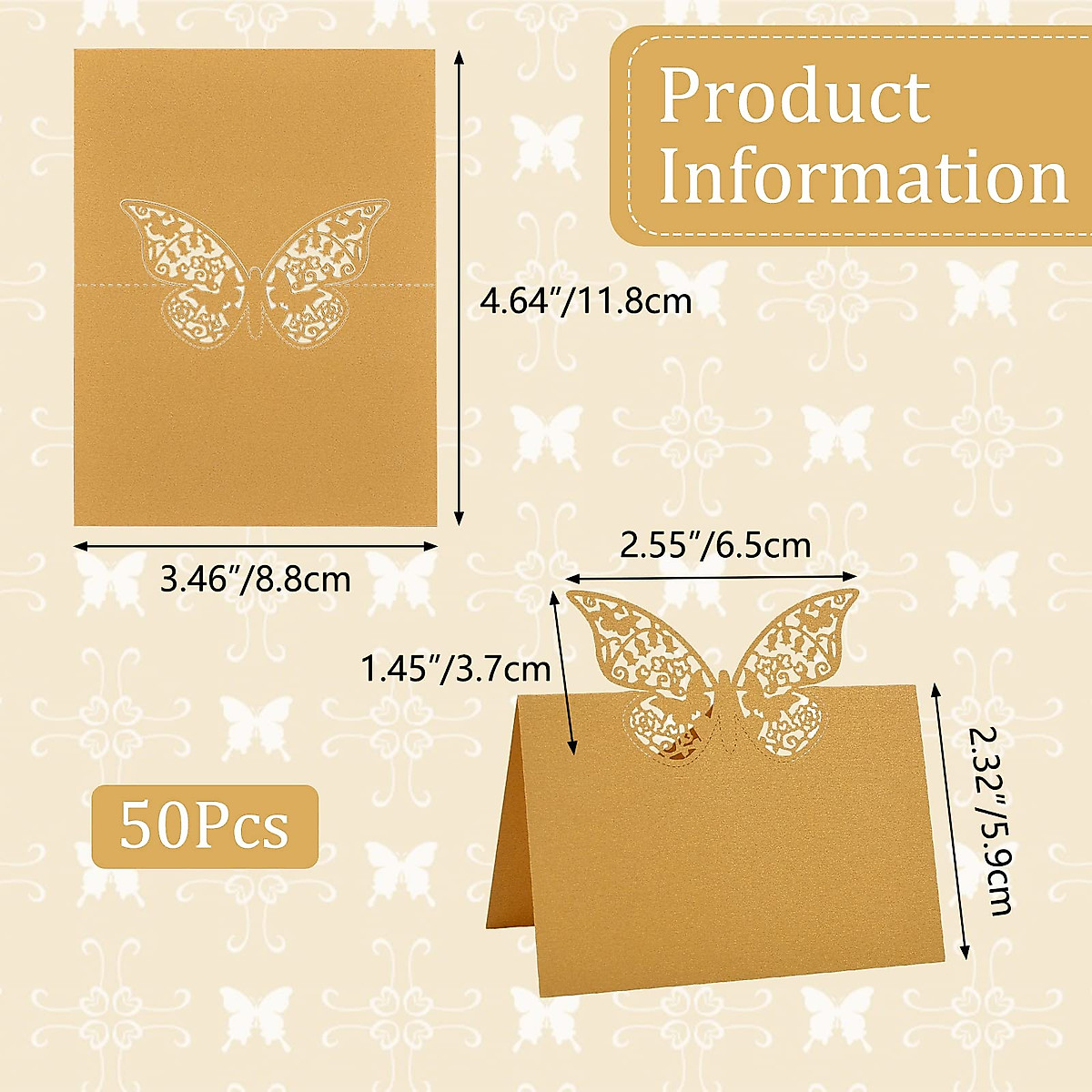 URROMA 3D-Butterfly Place Cards, 50 Pcs Gold Name Place Cards Laser Cut Design Table Cards Guest Name Food Signs for Table Setting Reception Party