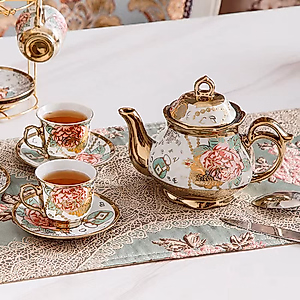 CHANJOON Gold Plated Red Rose Ceramic Tea Set, Vintage Tea Set with Teapot, Beautiful Tea Set Coffee Serving 6 People (Golden, Medium)