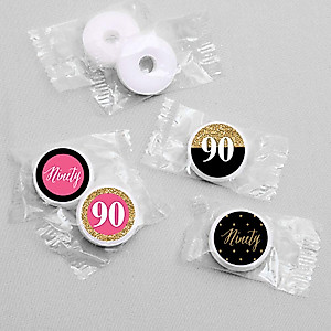 Big Dot of Happiness Chic 90th Birthday - Pink, Black and Gold Round Candy Sticker Favors Labels Fit Chocolate (1 Sheet 108)