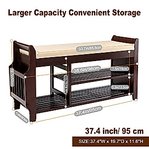 Nnewvante Large Shoe Bench Rack Shoe Organizer with Storage Basket Side Drawer Bamboo Removable Padded Cushion Seat for Entryway Hallway Living Room Bathroom-37.4in