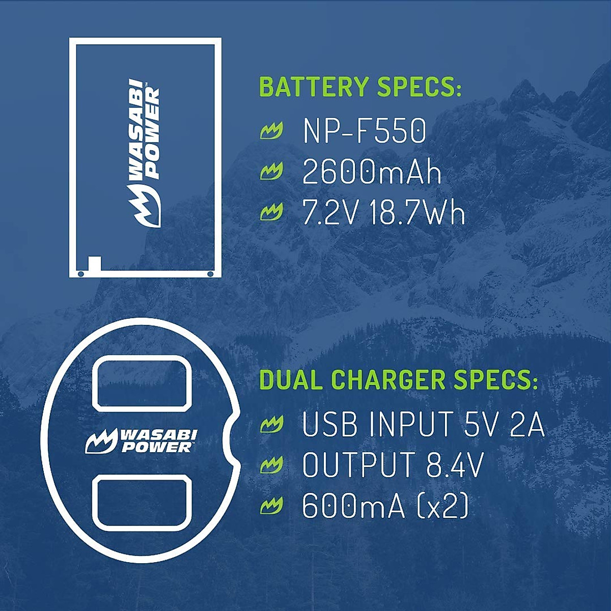 Wasabi Power Battery (2-Pack) and Dual USB Charger for Sony NP-F330, NP-F530, NP-F550, NP-F570 (L Series) and CN-160, CN-216, CN126 Series & Atomos Ninja V, Shinobi, Shogun 7, BMPCC 6K Pro and More