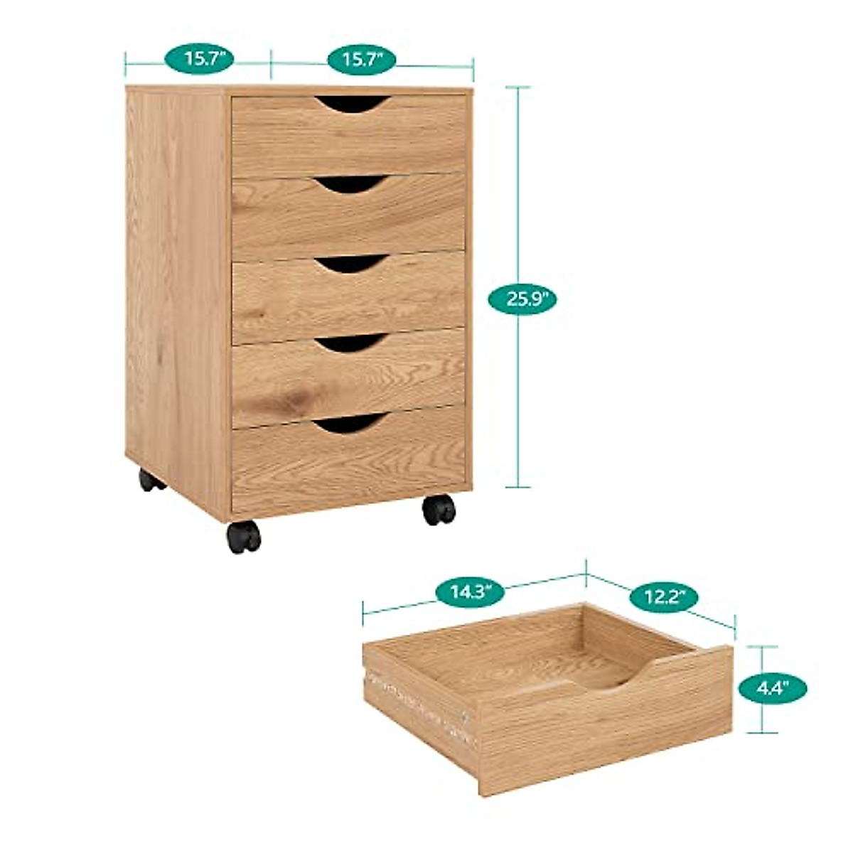 Naomi Home Taylor 5 Drawer Chest, Wood Storage Dresser Cabinet with Wheels, Storage Organization, Makeup Drawer Unit for Closet, Bedroom, Office File Cabinet 180 lbs Capacity – Natural