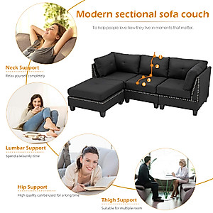 Esright 88.6” Convertible Sectional Sofa Couch with Ottoman, Modern Tufted Linen Fabric L-Shaped Couch with Reversible Chaise, Suitable for Office,Living Room and Hotel Lobby, Black