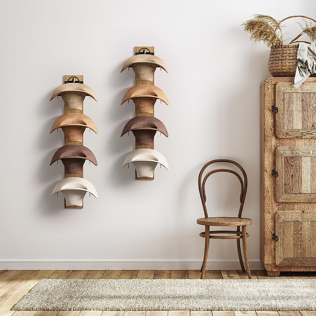 TIPSYTREE Cowboy Hat Rack, 4 Pieces Cowboy Hat Holder with Rustic Wooden Board for wall, Metal, Wall Hat Storage Organizer for Hat Collection Western Room Décor