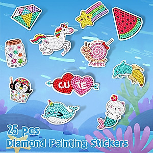 Cymbana 5D Diamond Painting Stickers Kits 25 Pcs Diamonds Dots Arts and Crafts for Kids Ages 6-8 8-12 Contains Unicorn, Mermaid, Cat