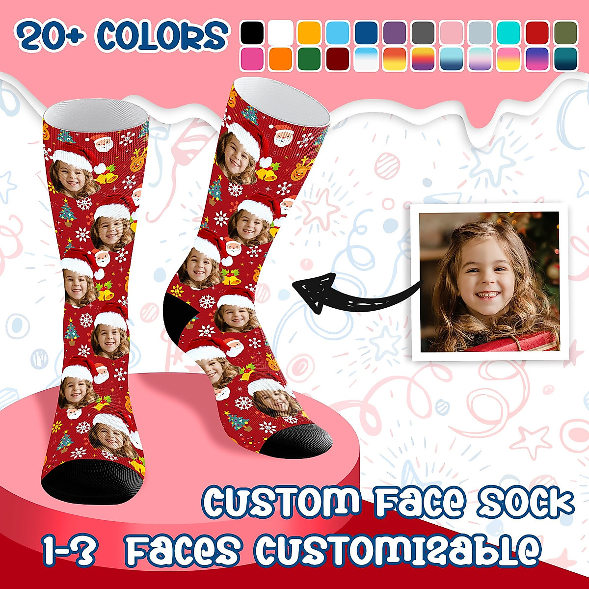 YESCUSTOM Custom Socks with Face, Personalized Christmas Funny Socks with Heart, Customized Crew Sock Gifts for Men Women Couples