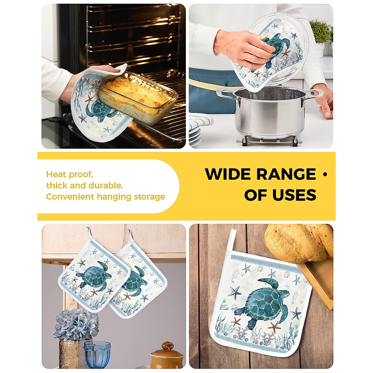 2 Pack Pot Holders Heat Insulation Potholder, Sea Turtle Hot Pads Multipurpose Oven Pads Terry Cloth Potholders for Kitchen Cooking Baking Dining Table Ocean Themed Starfish Seaweed