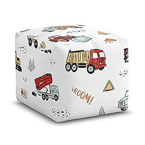 Sweet Jojo Designs Red Blue Construction Truck Boy Ottoman Pouf Cover Unstuffed Poof Floor Footstool Square Cube Pouffe Storage Baby Nursery Kids Room Transportation Tractor Grey Yellow Black White