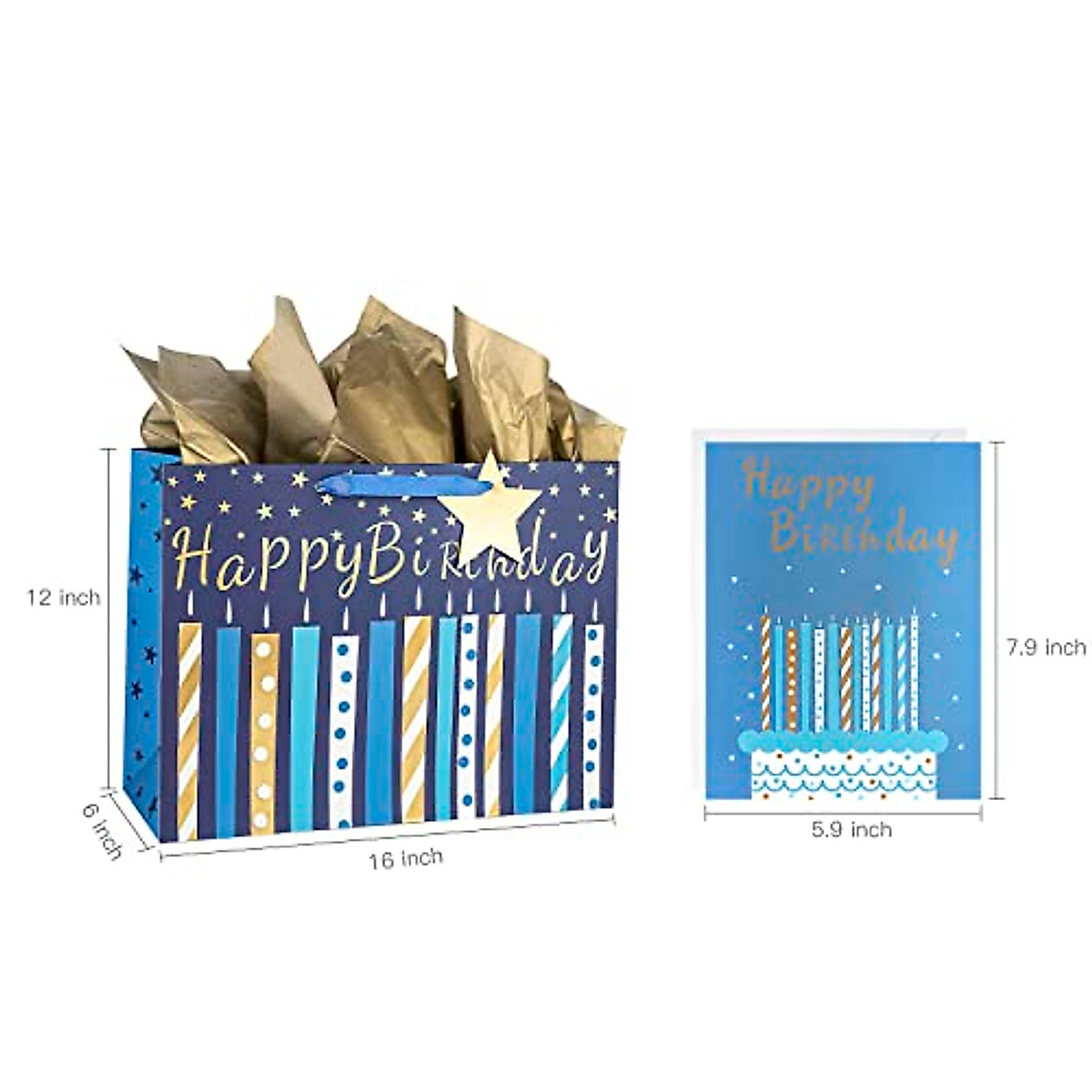 MAYPLUSS 16" Birthday Large Gift Bag with Greeting Card and Tissue Paper for Birhtday - Blue Gold Foil Candle Design