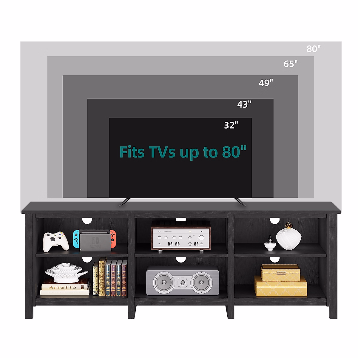 YITAHOME Modern TV Stand for TV up to 80/75/70/65 Inch, Classic Detachable 6 Cubby Media Entertainment Center Console Table with 6 Open Storage Shelves & Cabinets for Living Room, 69'', Black