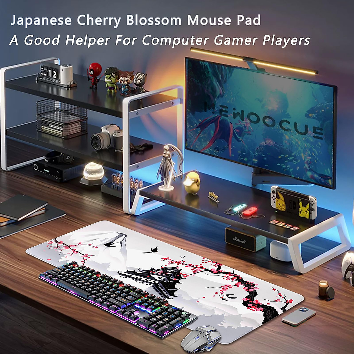 Japanese Cherry Blossom Gaming Mouse Pad 31.5x11.8in Pink Full Desk Japanese Sakura Gaming Mouse Pad Large Non-Slip Rubber Base Waterproof Big Keyboard Mat with Stitched Edges for Gaming Office