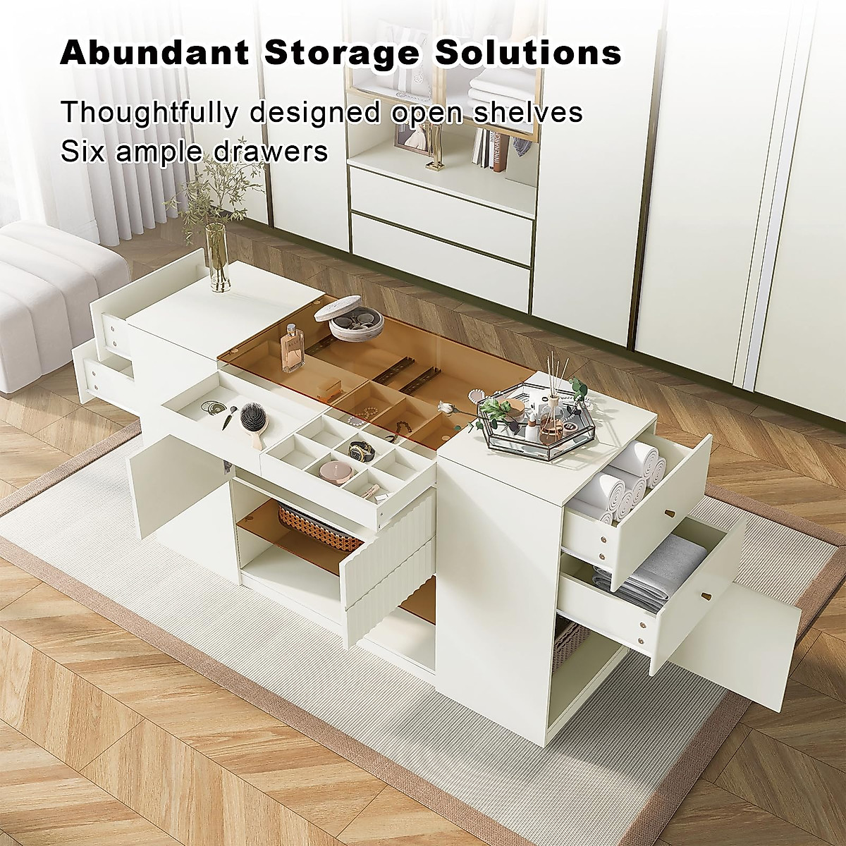 MATONELL Modern Luxury Multi-Functional Island Vanity Dresser and Storage Cabinet with Glass Tabletop, Display Shelf,6 Drawers for Walk-in-Wardrobe and Bedroom