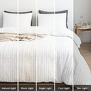 WARMDERN White Boho Duvet Cover Set Queen Size, Striped Textured Tufted Bedding Set, 3 Pcs Ultra Soft Washed Microfiber with Zipper Closure (Queen, White)