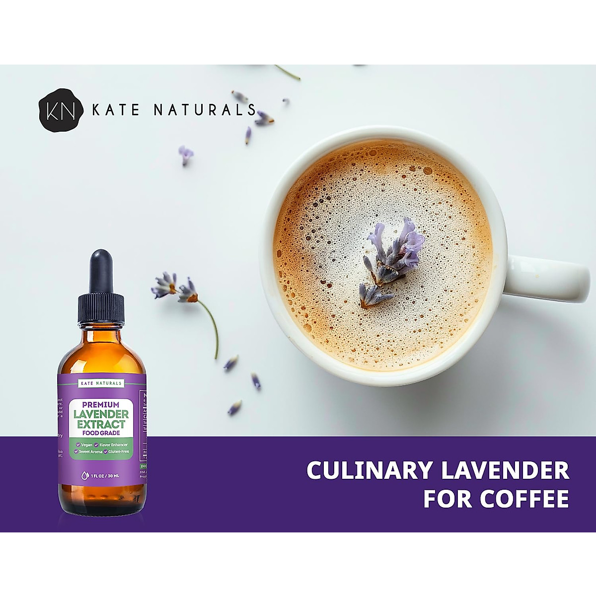 Kate Naturals Lavender Extract for Baking, Drinks, Coffee, Lattes. Food Grade Lavender Oil for Flavoring & Cooking (1oz, Sugar Free)