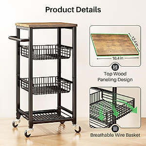 Fruit Basket for Kitchen Pantry Organizers - 4 Tier with Wheels, Wooden Top Table, Stackable Metal Wire Basket Stand for Fruit Vegetable Snacks Storage Organization, Black