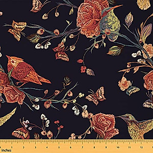Vintage Flower Fabric by The Yard Hand Drawn Bird Butterfly Cute Animal Decorative Fabric for Upholstery and Home DIY Projects Retro Floral Rustic Plant Fabric for Kids Boys Girls Gifts,1 Yard
