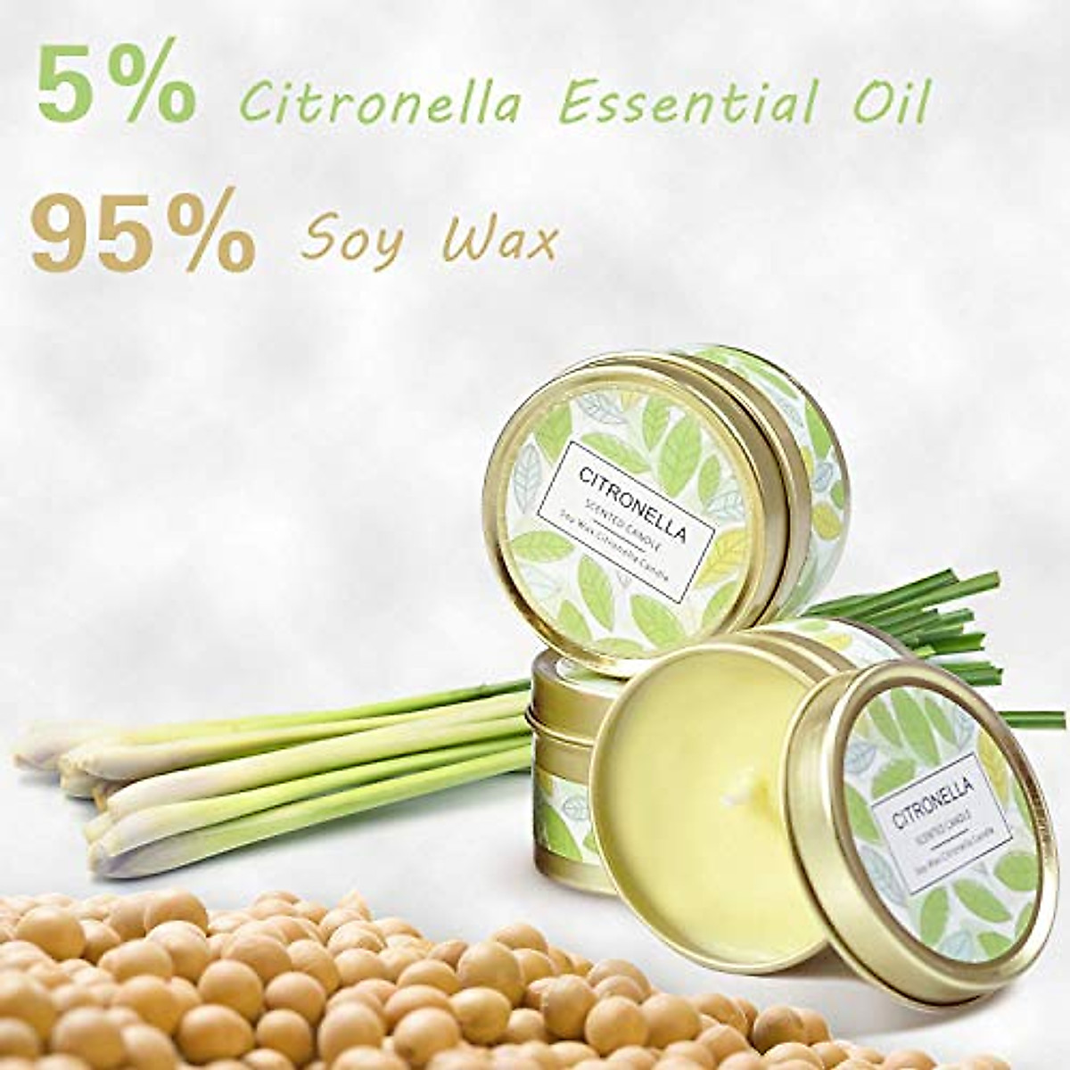 Citronella Candles Outdoor, Scented Candles Natural Citronella Soy Wax Candles, Travel Tin Candle Set, Lemongrass Candles for Camping, Backyards, Indoor (6x2.5oz)