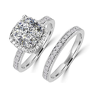 Diamonbella 101 facets 2 Carat Princess Cushion Cut NSCD Simulated Diamond Ring Band Set Solid 925 Silver Halo DBCUSHSET7 (Ring-Set, 6)