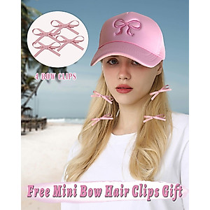 HENWASAI Womens Bow Embroidered Trucker Hat Trendy Mesh Baseball Cap Adjustable Snapback Cap Summer Girls Rope Hat (Pink)