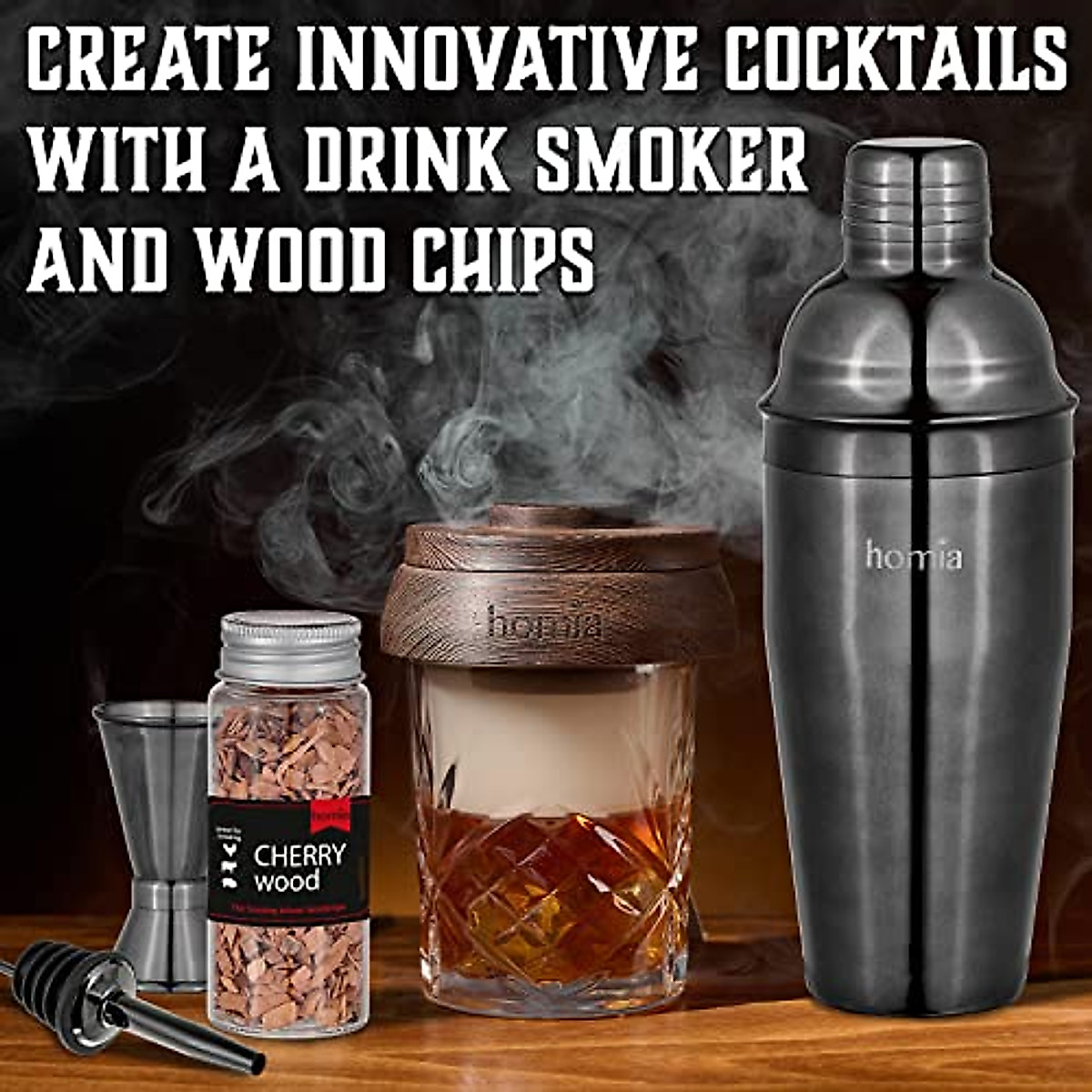Bartender Kit with Whiskey Smoker - 13 pcs, Pine Stand - Bar Set with Cocktail Shaker, Bartending Kit with Essential Bar Accessory Tools, Wood Chips, Matte