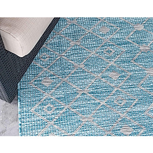 Unique Loom Outdoor Trellis Collection Area Rug - Tribal Trellis (2' x 6' 1" Runner, Aqua/ Ivory)