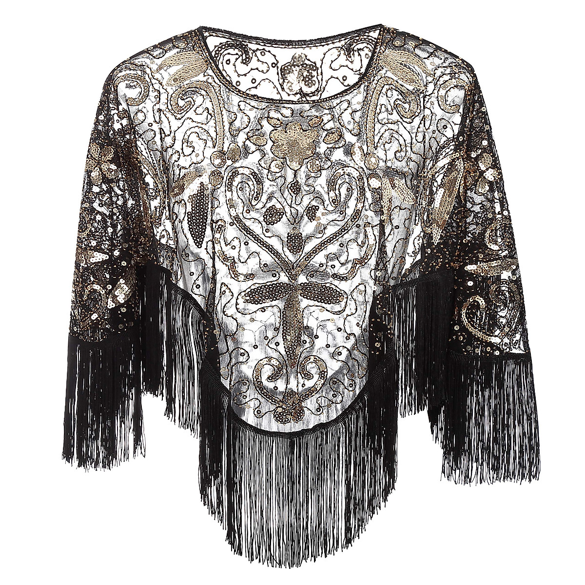 EORUBE 1920s Shawl Wraps Sequin Beaded Evening Cape for Gatsby Party Bridal Shawl Women Evening Cape Flapper Cover Up (Black Gold)