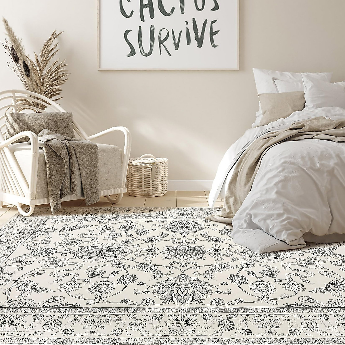 Area Rug Living Room Rugs - 8x10 Large Machine Washable Soft Farmhouse Boho Moroccan Floral Thin Rug Indoor Floor Carpet for Bedroom Under Dining Table Home Office Decor - Grey