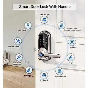 Veise Smart Lock, Keyless Entry Door Lock with Handle, Fingerprint Door Lock, 7-in-1 Smart Locks for Front Door, Electronic Digital Lock with Keypad, APP Control, Front Door Lock Set, Satin Nickel