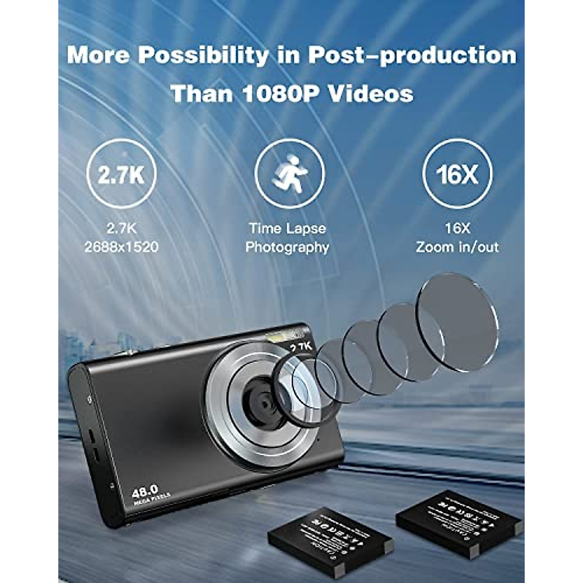 Digital Cameras for Photography Digital Camera Autofocus, 2.7K 48MP Teenager Camera with 2.8" Large Screen, 16X Zoom and 32GB Card, Compact Camera Take Macro Photos, Stylish Portable Camera for Teens