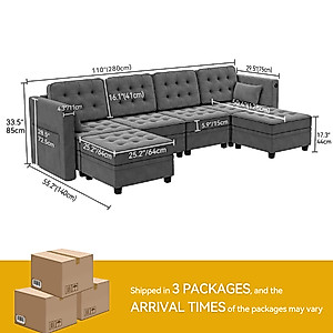 DWVO Modular Sectional Sofa, U Shaped Sectional Couch with Reversible Chaise Velvet 6-Seater Sectional Couch with 3-Position Adjustable Armrests and USB Port