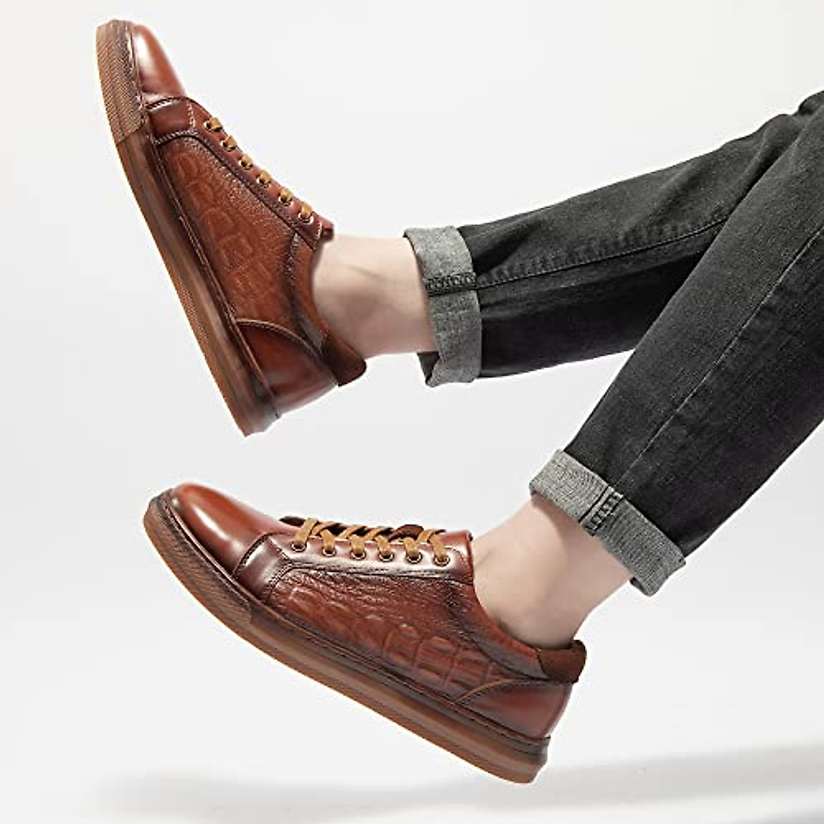 Arkbird Men's Fashion Casual Sneaker Shoes - Embossed Yellow Brown Leather Comfortable Daily Walking Shoe for Men