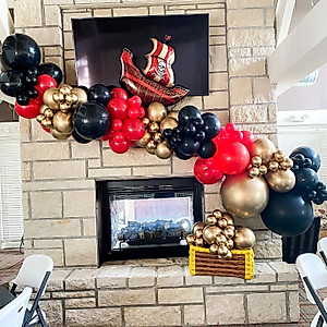 Pirate Ship Party Decorations, 142PCS Red Black Metallic Gold Balloon Arch Garland Kit with Pirate Ship Foil Mylar Balloon for Boys Birthday Ocean Pirate Theme Baby Shower Party Decoration Supplies